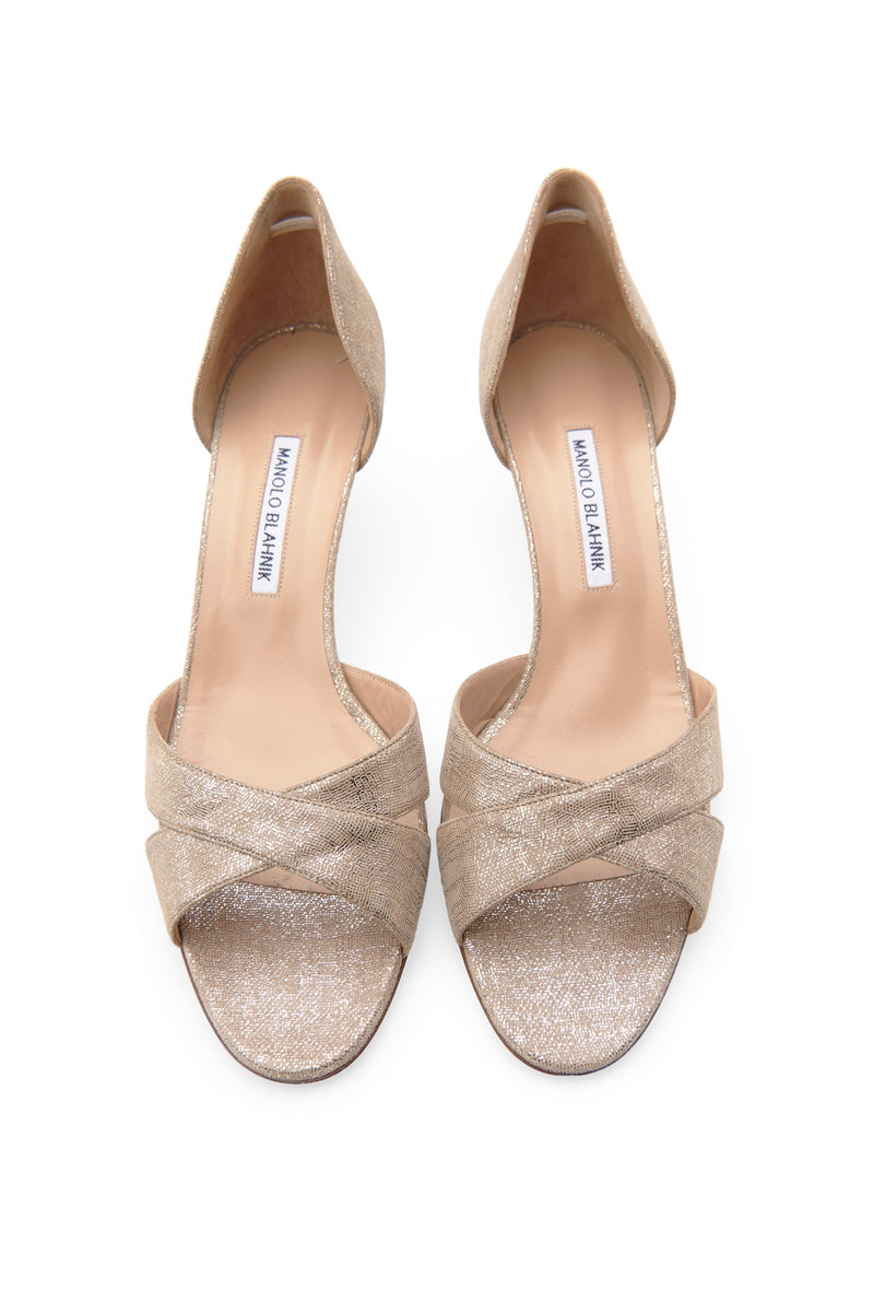 Manolo Blahnik Metallic Fabric Kitten Heels – Audrey's of Naples